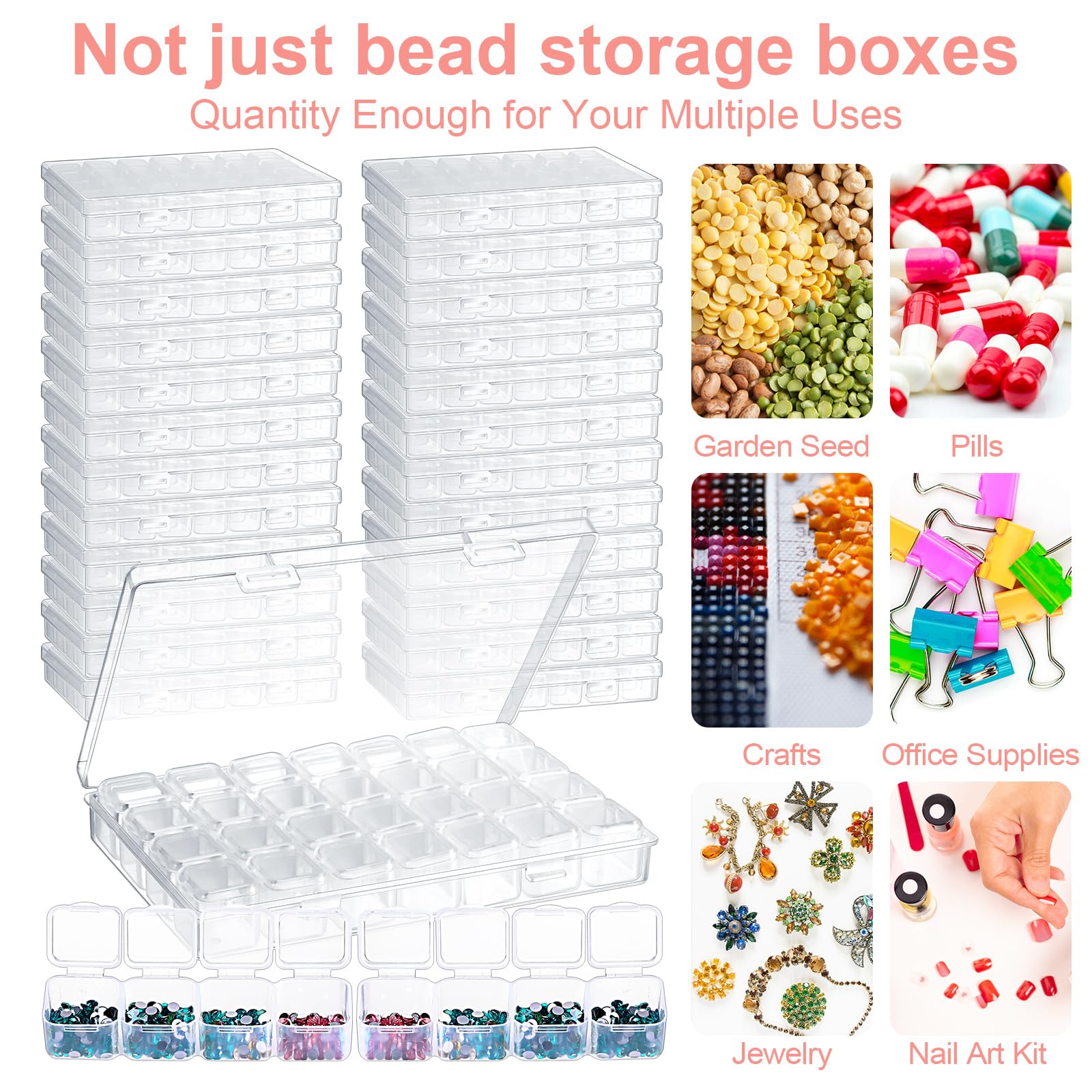 Ripeng 24 Pack 672 Slots Diamond Painting Storage Containers Bulk, 28 Grids Bead Organizer Box Diamond Painting Accessories Boxes Diamond Art Embroidery Storage with 960 Label Stickers