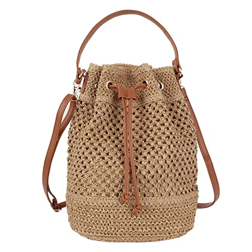 Hyuyikuwol Lightweight Straw Crochet Drawstring Bucket Bag Beach Bag Hollow Out Shoulders Bag for Women One Size