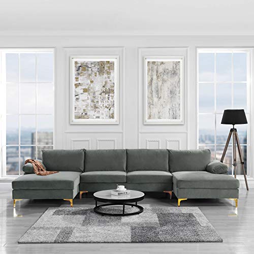 Modern Large Sectional Sofa U Shaped Velvet Couch, with Extra Wide Chaise Lounge and golden legs