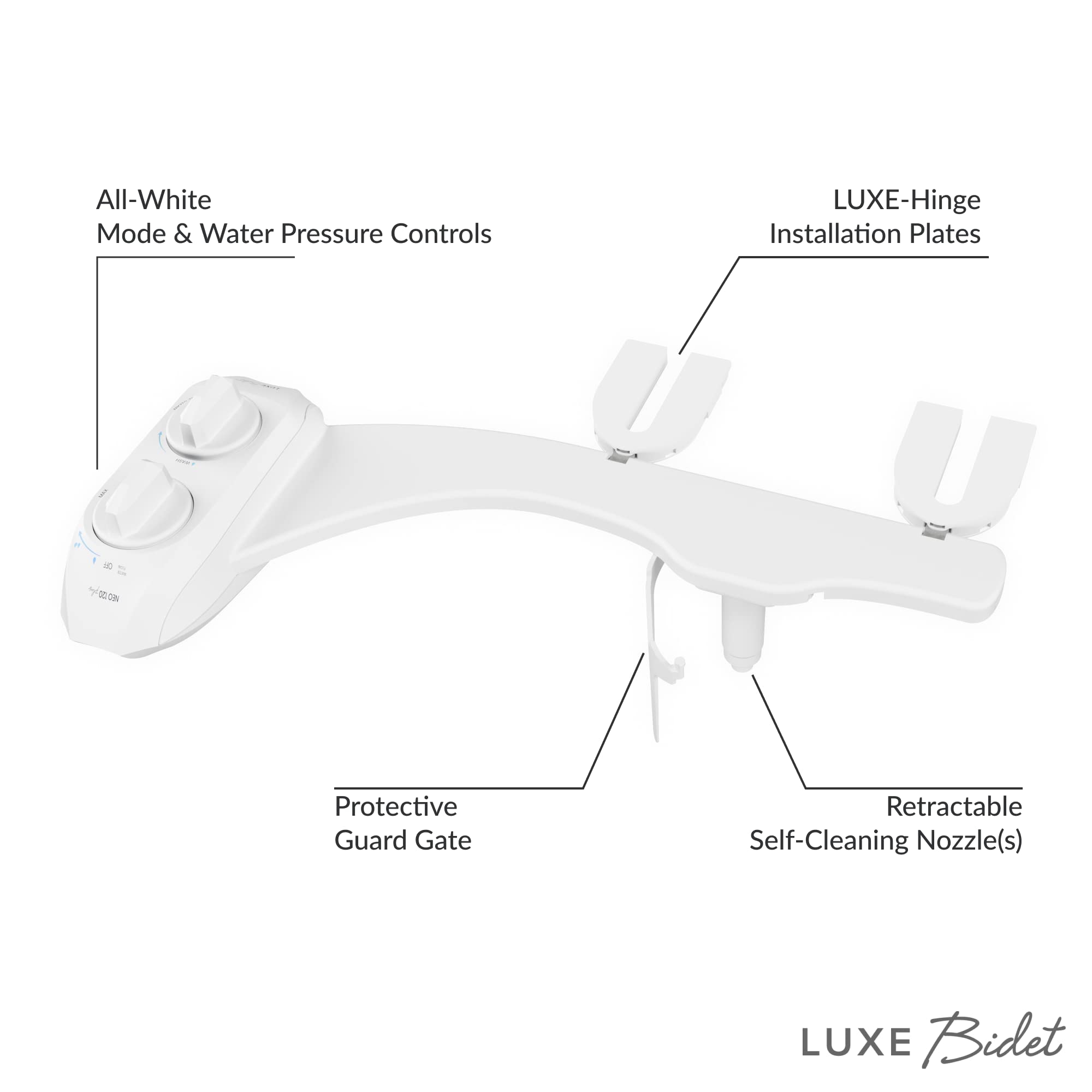 LUXE Bidet NEO 120 Plus - Only Patented Bidet Attachment for Toilet Seat, Innovative Hinges to Clean, Slide-in Easy Install, Advanced 360° Self-Clean, Single Nozzle, Rear Wash (White)