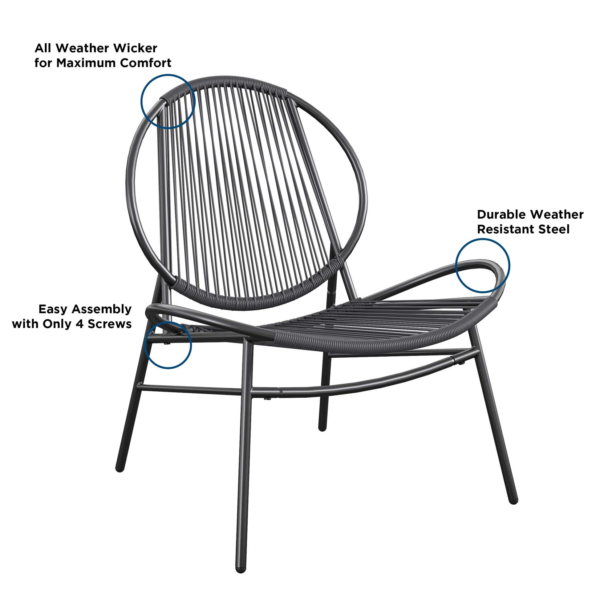 Novogratz Poolside Gossip, Marilyn 3 Piece Resin Weave Chat Set, Charcoal