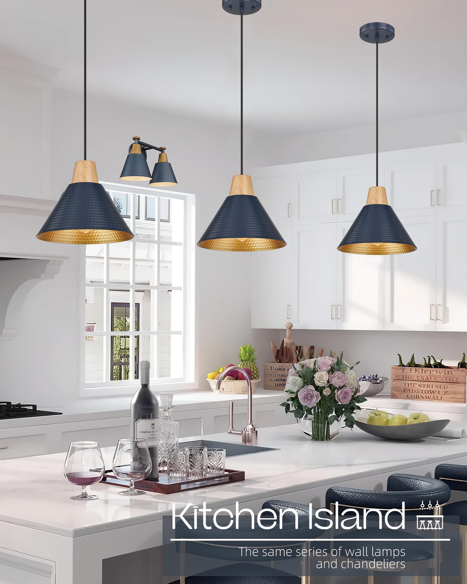 FEMILA Solid Wood Pendant Light fixtures, Pendant Lights Kitchen Island, 10" Blue Pendant Light with Hammered Metal Shade, Gold Inside, 4FG59MIL-L BL+WD