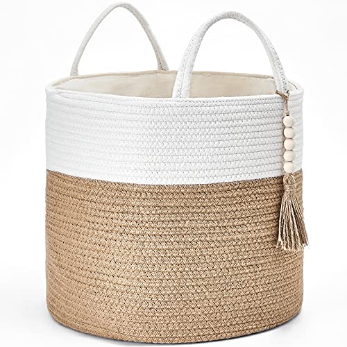 Mkono Woven Storage Basket Decorative Natural Rope Basket Wooden Bead Decoration for Blankets,Toys,Clothes,Shoes,Plant Organizer Bin with Handles Living Room Home Decor, 16"x13",White and Yellow