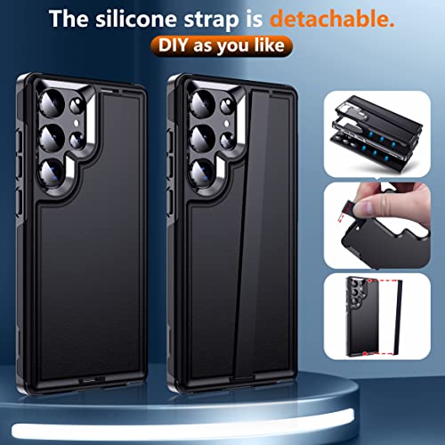 MOZOTER Samsung Galaxy S23 Ultra Case: Military-Grade Protection, Non-Slip Heavy-Duty Cover, Camera Lens Protectors & Silicone Strap - 6.8" Black