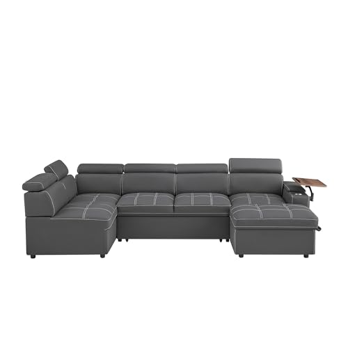 Microfiber Sectional Sleeper Sofa with Pull-Out Bed , 5 Seater Convertible L-Shaped Couch with Adjustable Headrest , Storage Armrest , Ottoman ,Cupholder ,360° Rotated Table ,USB Ports for Living Room
