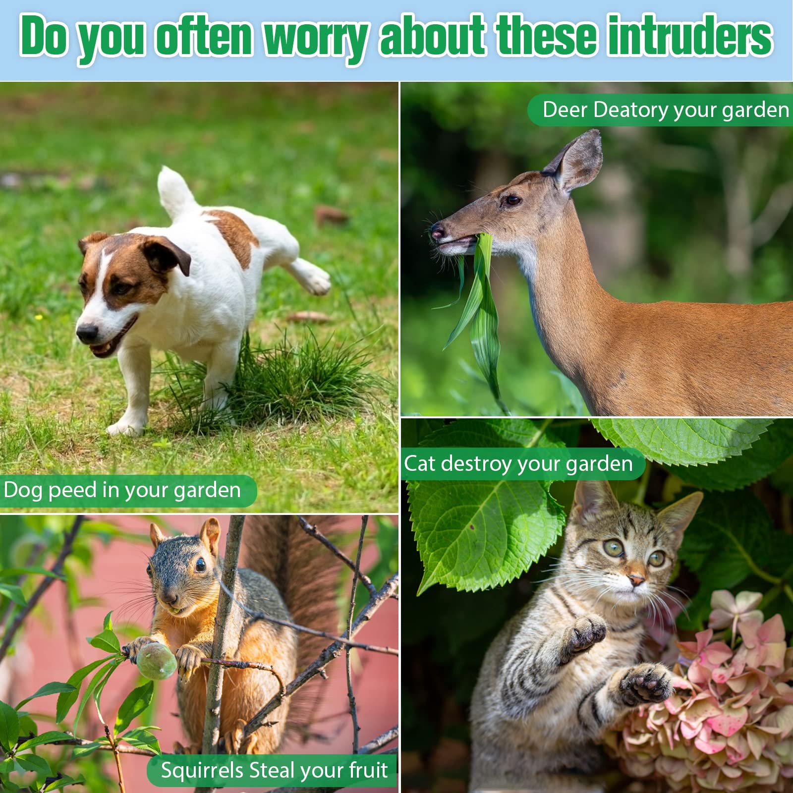 Solar Ultrasonic Animal Repeller, 2024 New 4 Sided 360° Cat Repellent Outdoor with 7 Modes Adjustable, IP66 Waterproof, Double-Sided Flashing Light & Ultrasonic Speaker for Cat Squirrel Bird Dog Deer