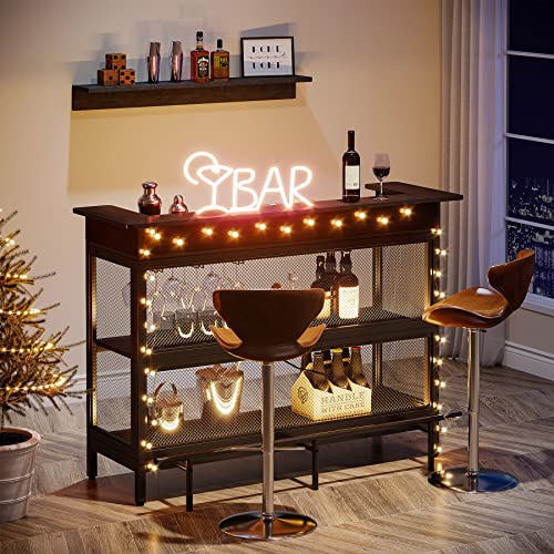 Tribesigns Industrial Home Bar Unit, 3 Tier Liquor Bar Table with Stemware Rack and Wine Storage Display Shelf, Mini Bar Cabinet with Glass Holder Footrest and Mesh Front