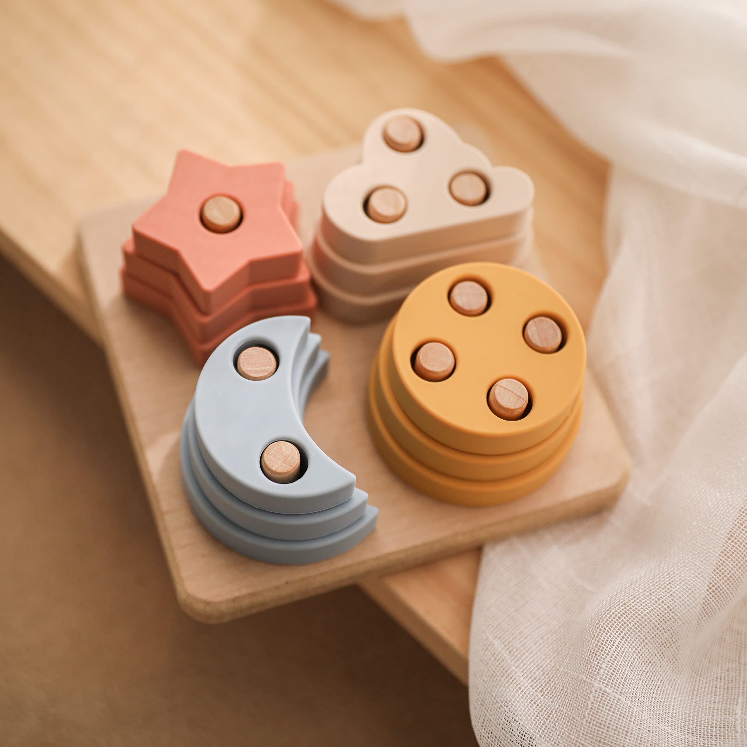 WOODEN TEETHER Silicone Stacking Sorting Toys for Baby and Toddlers Geometric Stacking Building Blocks Toys Montessori Early Educational Intelligence Block Puzzles for Infants