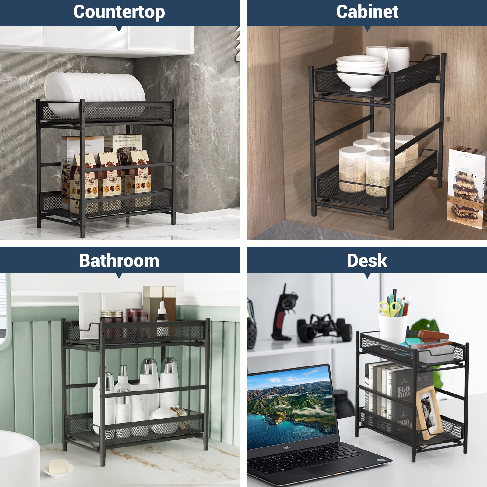 Housolution Under Sink Organizer and Storage, 2 Tier Metal Slide Out Under Cabinet Organizer with Stoppable Drawer, Height Adjustable Under Sink Shelf for Kitchen and Bathroom, Black