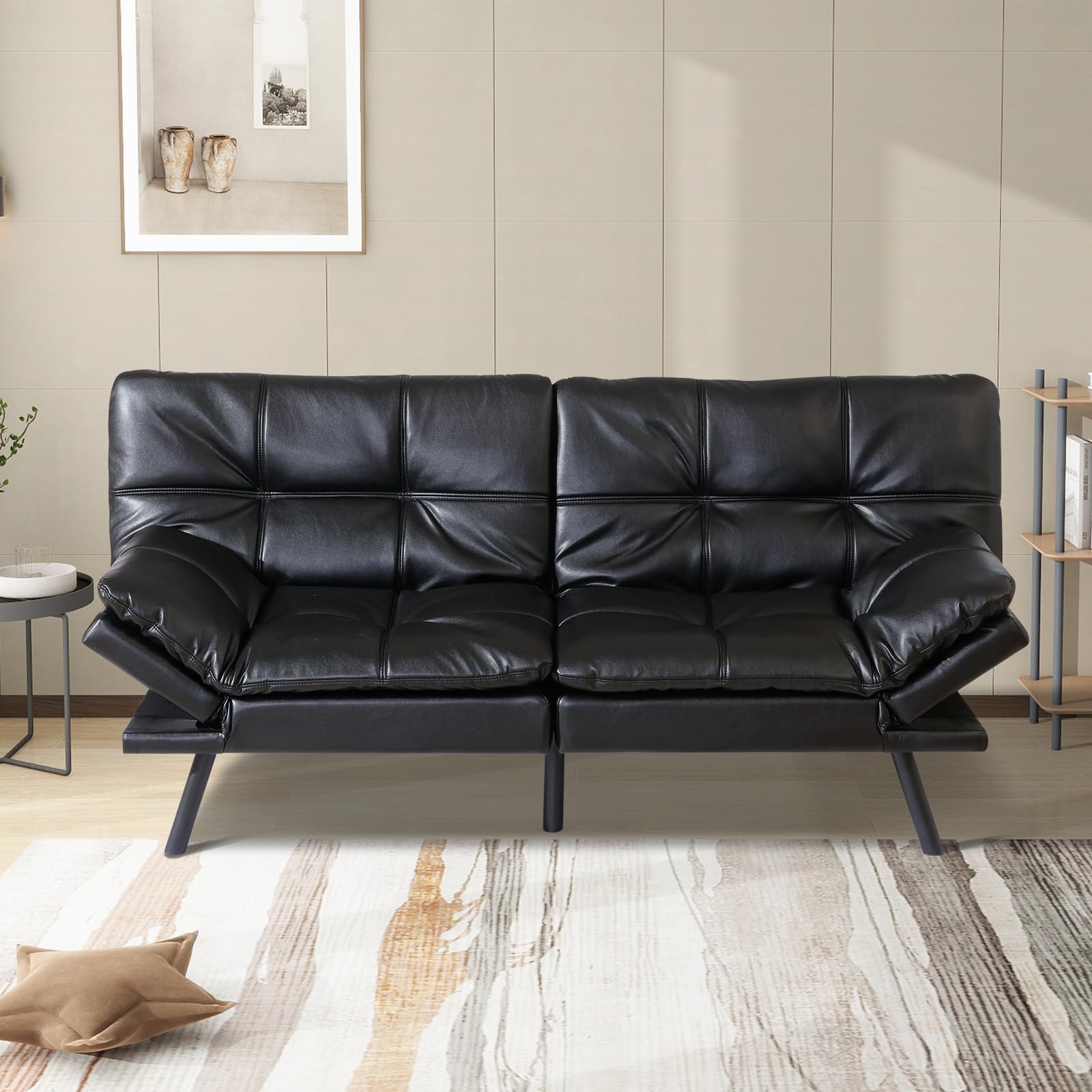 MUUEGM Futon Sofa Bed, Futon Bed Couch, Convertible Sofa Bed, Memory Foam Futon Sofa for Compact Living Room, Small Space, Apartment, Office,Brown Faux Leather