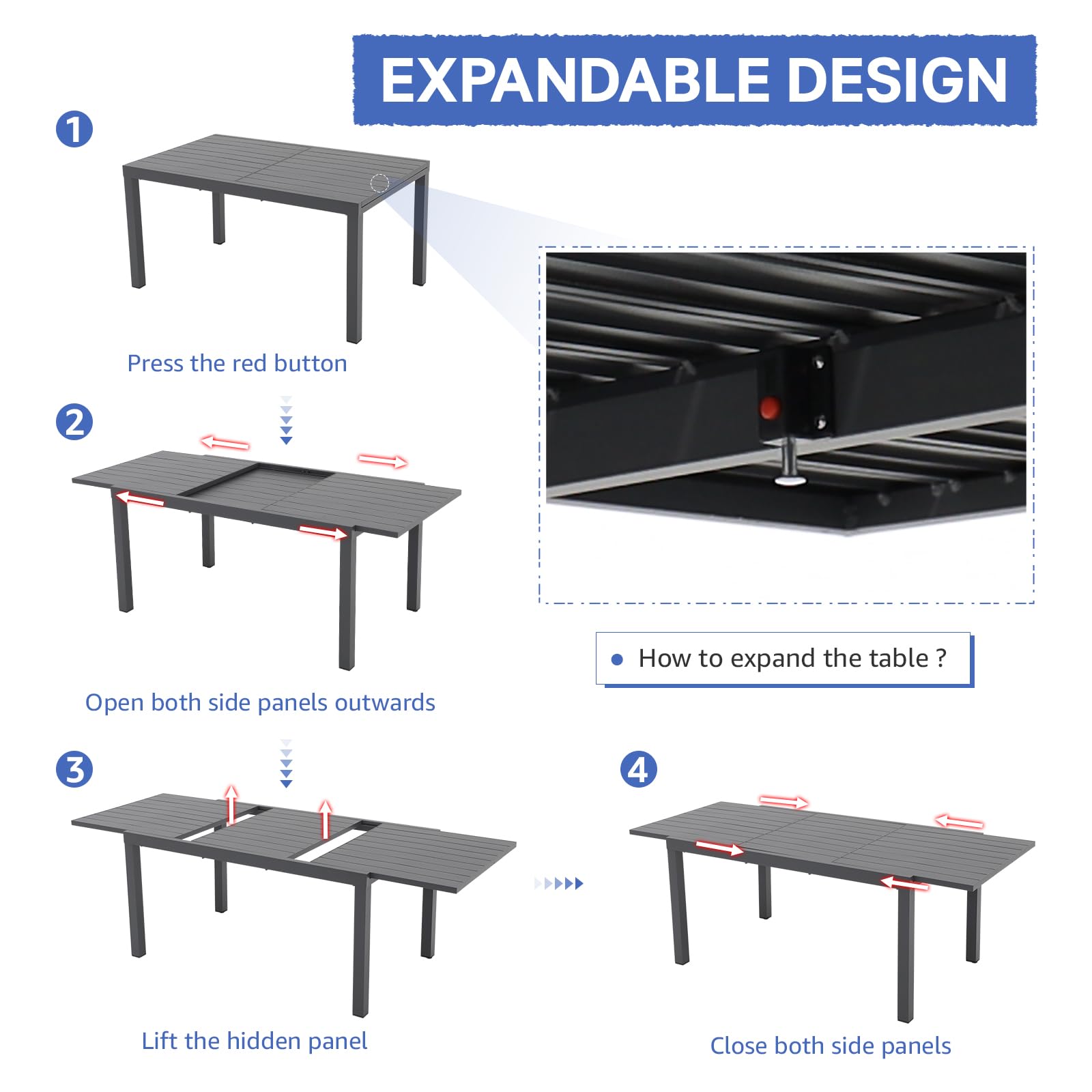 Soleil Jardin 9-Piece Outdoor Patio Dining Set, 59" - 83" Aluminum Expandable Outdoor Dining Table Set for 8, 8 Stackable Chairs with Gray Removable Cushions, Dark-Grey