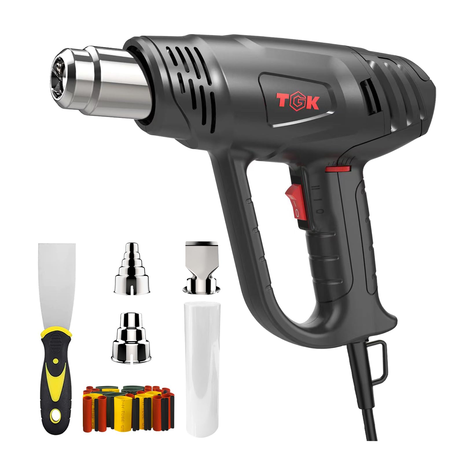 Heat Gun, TGK® 1800W Heavy Duty Hot Air Gun Kit 122℉~1202℉ Dual Temperature Settings with 6 Nozzle Attachments Overload Protection for Crafts, Shrink Wrapping/Tubing, Paint Removing, Epoxy Resin