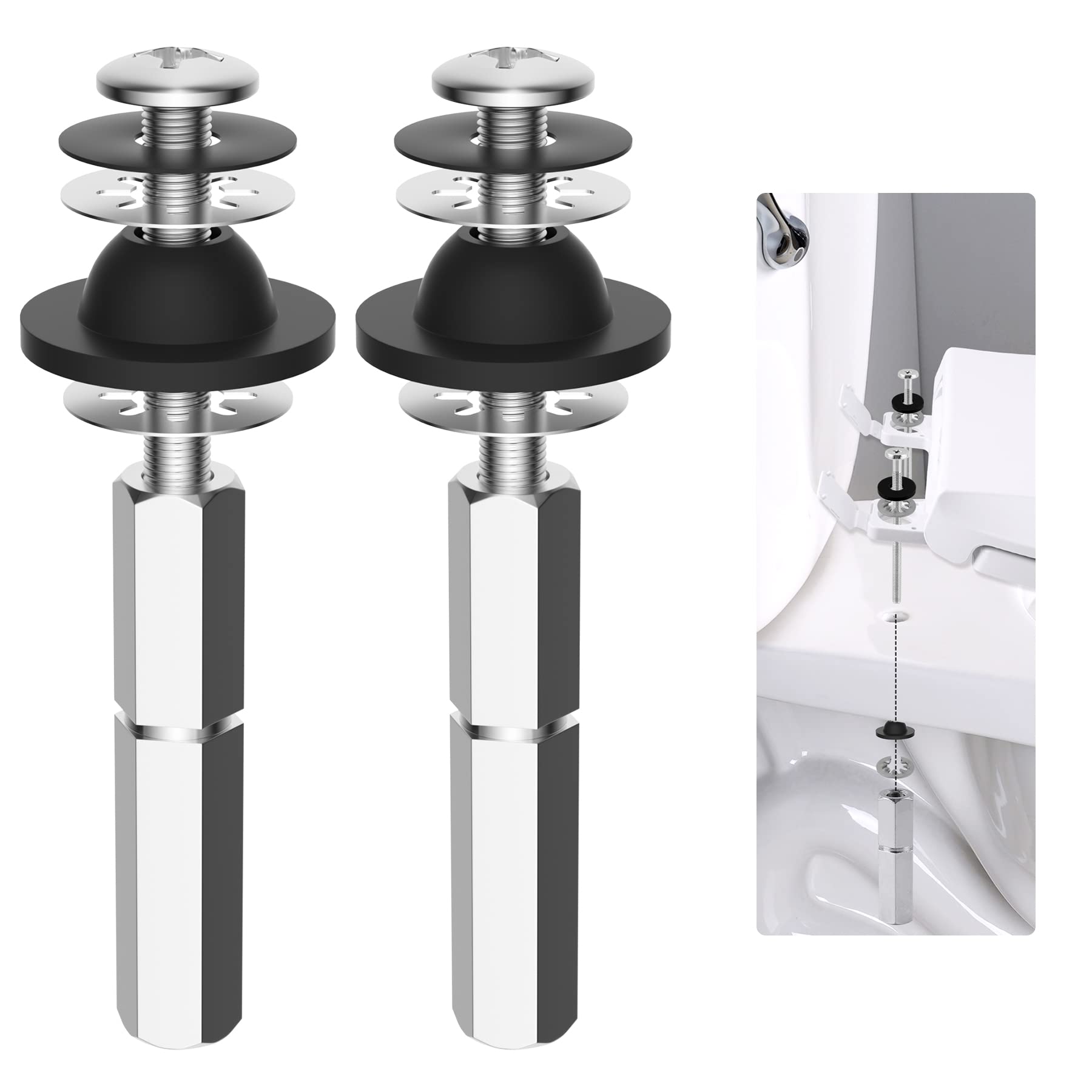 Hibbent 2 PCS Universal Toilet Seat Bolts Kit, Heavy Duty Stainless Steel Toilet Bolts with Extra Long Downlock Nuts Rubber Washers Gaskets, Easy to install -Bathroom Toilet Repair Screw