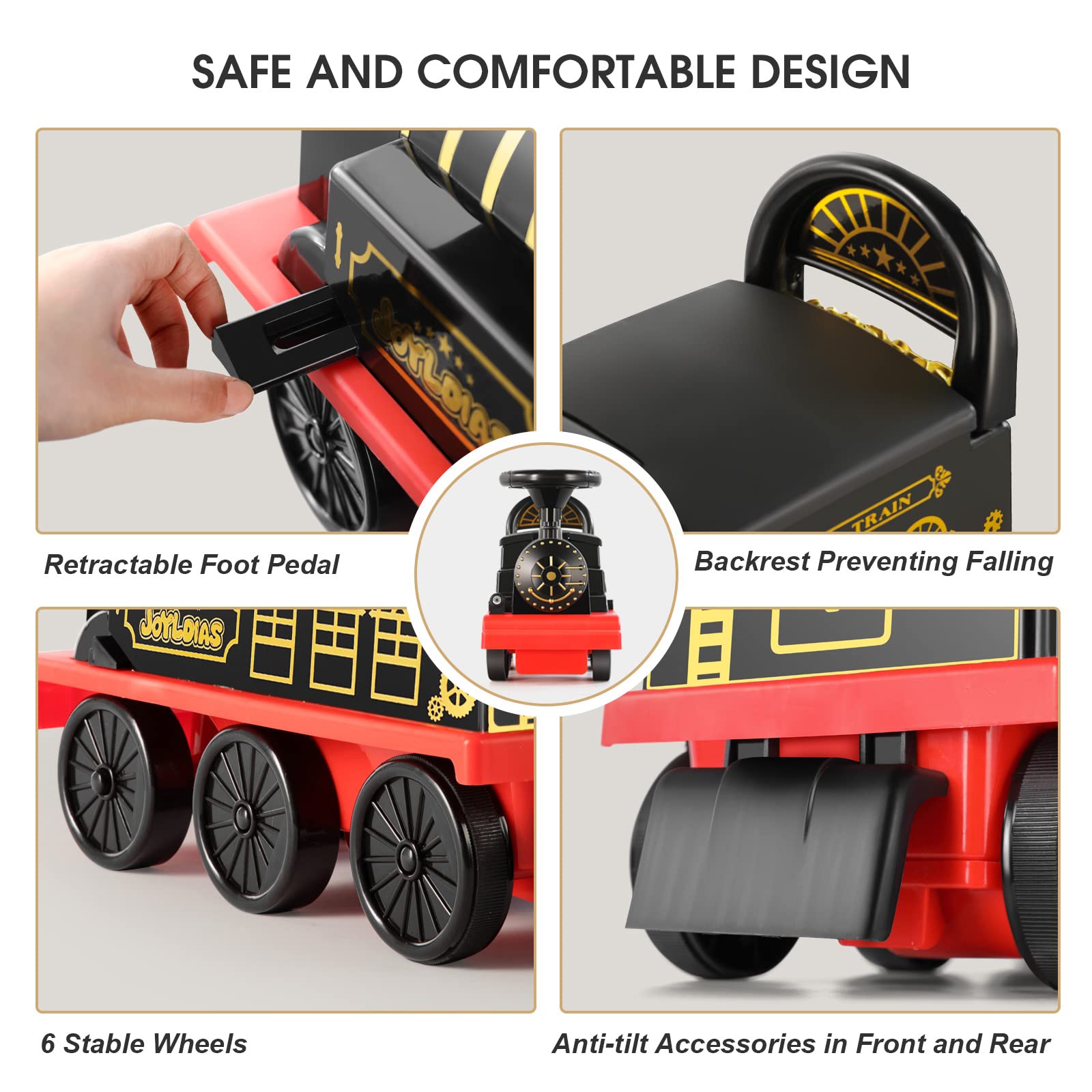 JOYLDIAS Toddler Ride On Train, Push Cars for Toddlers with Led Lights, Train Horns and Storage, Black (Non-Electric Version)