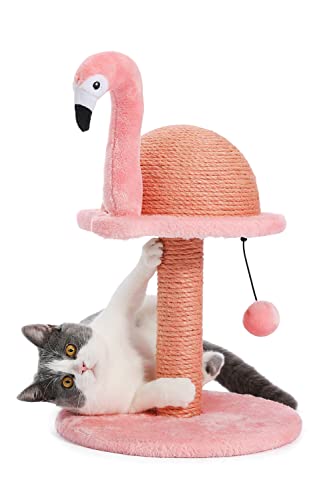 PETEPELA Cat Scratching Post, Flamingos Natural Sisal Cat Scratcher with Interactive Toy Ball and Extra Replacement Sisal Scrathing Pole for Kittens and Small Cats Pink