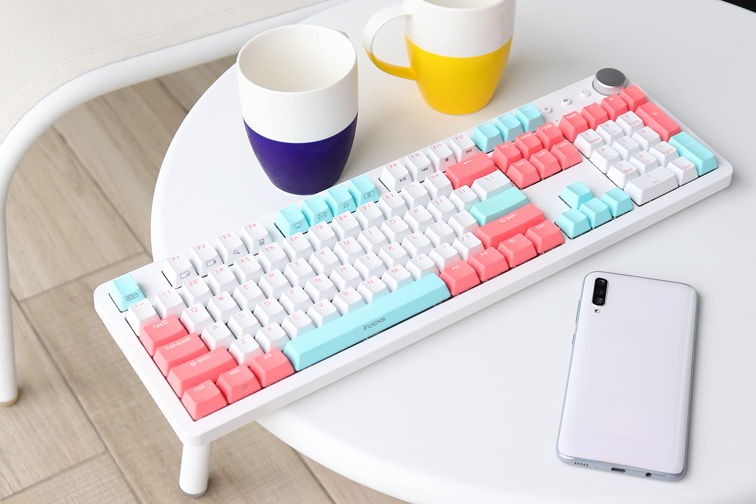 i-rocks K73M Mechanical Gaming Keyboard with Media Control Knob, 107 Keys, PBT Keycaps, Multimedia Hotkeys, Detachable USB-C Cable (Cherry MX Brown Switches, Mint Peach)