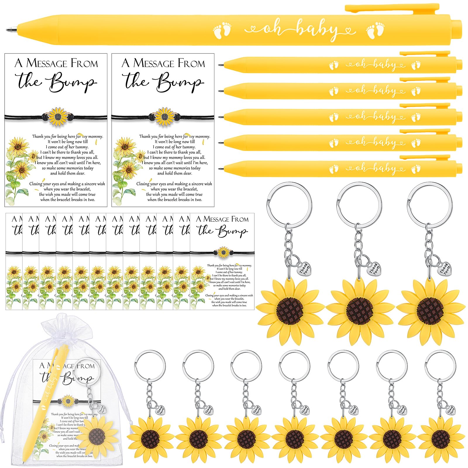 Remuuly 25 Set Sunflower Baby Shower Return Gift Favors for Guests, 25 Sunflower Thank You Keychains 25 Wish Cards 25 Sunflower Bracelets 25 Ballpoint Pen Organza Bag for Baby Shower