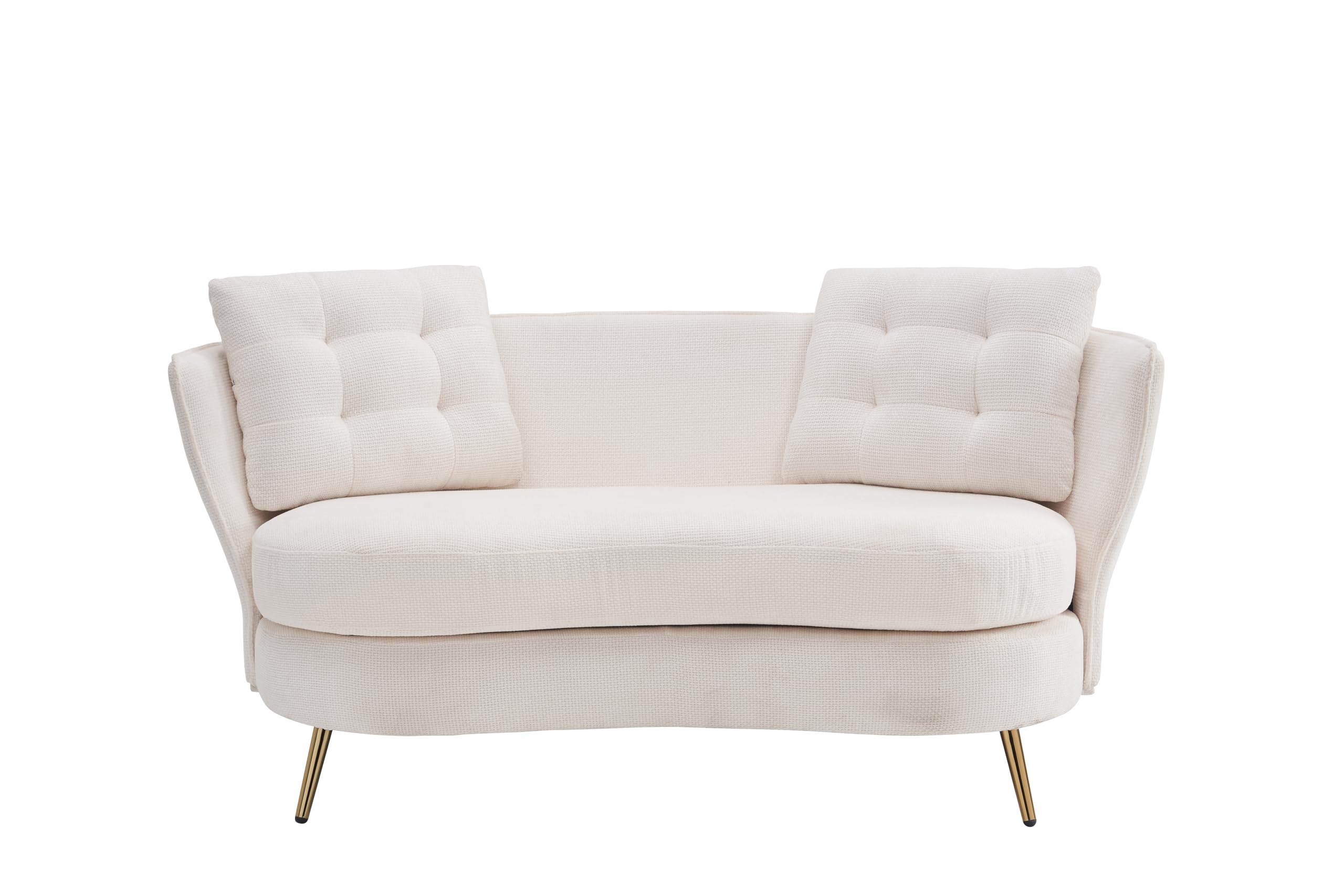 RENDGO Velvet Loveseat Sofa, 64.2'' Mid Modern Small Love Seats with 2 Pillows & Golden Legs Comfy Couch for Living Room, Upholstered 2 Seater Sofa for Small Apartment (White)