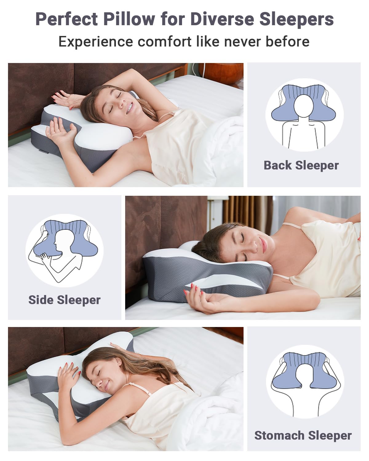 FAIORD Cervical Pillow for Neck and Shoulder Pain, Ergonomic Contour Orthopedic Pillow with Cooling Pillow Covers & Support Sticks, Memory Foam Pillows for Side, Back and Stomach Sleepers Pain Relief