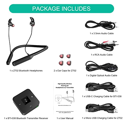 Giveet Bluetooth Headphones Earbuds for TV Watching, Wireless Neckband Earphones w/Bluetooth Transmitter Set for Optical Digital, RCA, 3.5mm Aux Ported TVs, 16Hrs Playtime, Plug & Play, No Audio Delay