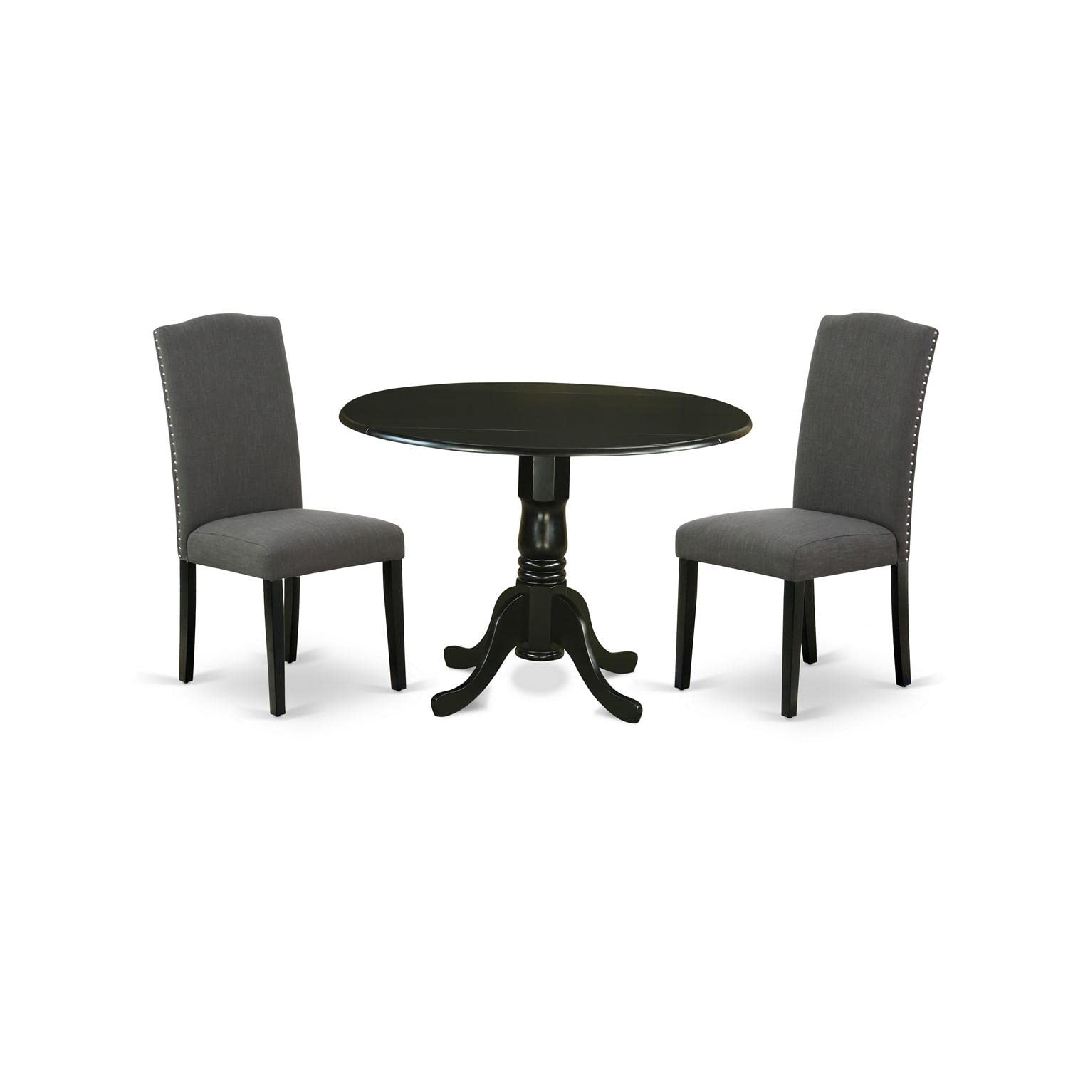East West Furniture Dublin 3 Piece Modern Dining Set Contains a Round Wooden Table with Dropleaf and 2 Dark Gotham Linen Fabric Upholstered Chairs, 42x42 Inch, Black