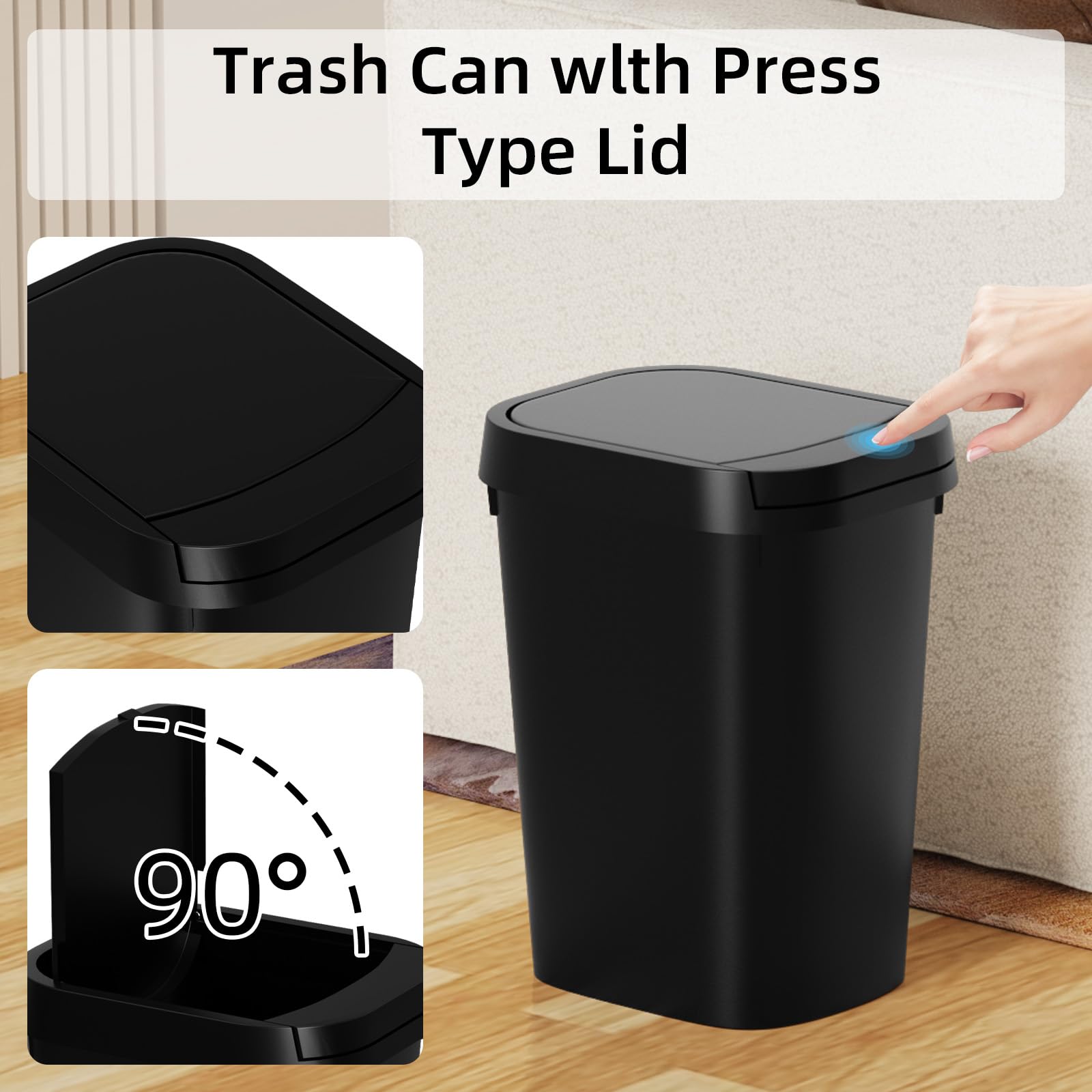 KSSKSS 3 Pack Bathroom Small Trash Can with Lid, 2.6 Gallon Slim Garbage Bin with Pop-Up Lid, 10L Plastic Wastebasket with Press Top Lid for Bedroom, Office, Kitchen, Toilet (Black)
