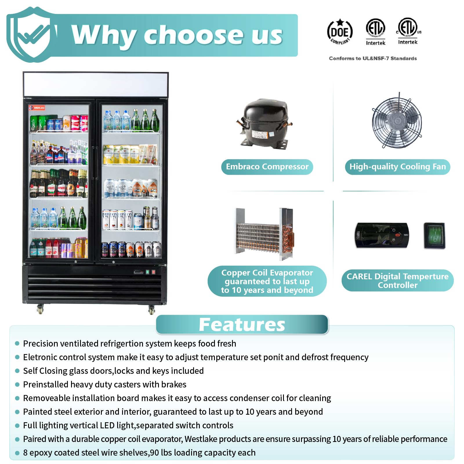 WESTLAKE Merchandiser Commercial Display Refrigerator Glass Door Section Reach-in Glass Door Upright Fan Cooling