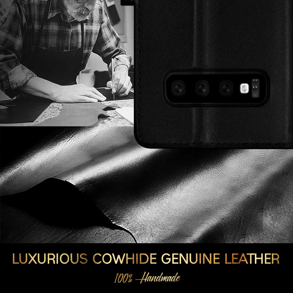FYY Samsung Galaxy S10 6.1" Luxury [Cowhide Genuine Leather][RFID Blocking] Handcrafted Wallet Case, Handmade Flip Folio Case with [Kickstand Function] and [Card Slots] for Galaxy S10 (6.1") Black
