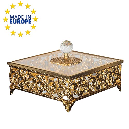 Handmade Napkin Holder for Table, Antique-Looking Fancy Gold Napkin Dispenser for Kitchen, Rustic Metal Napkin Basket with Lid, Square, 7.5 in (Gold)