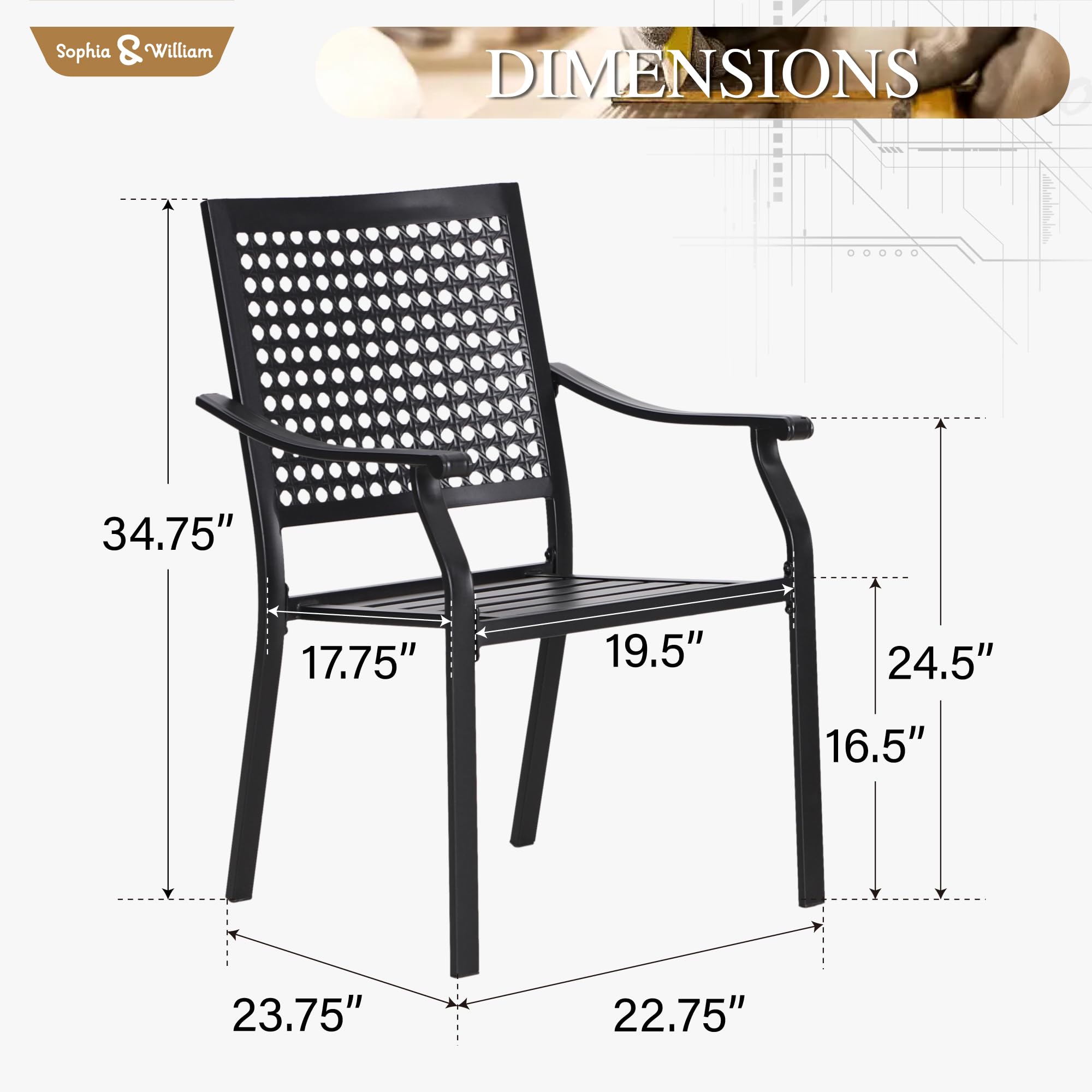 Sophia and William 2 Pcs Metal Stackable Patio Dining Chairs with Armrest, Set of 2 Black Outdoor Dining Chairs with All Wrought Iron Frame, for Garden, Backyard, Lawn,Supports 300 lbs
