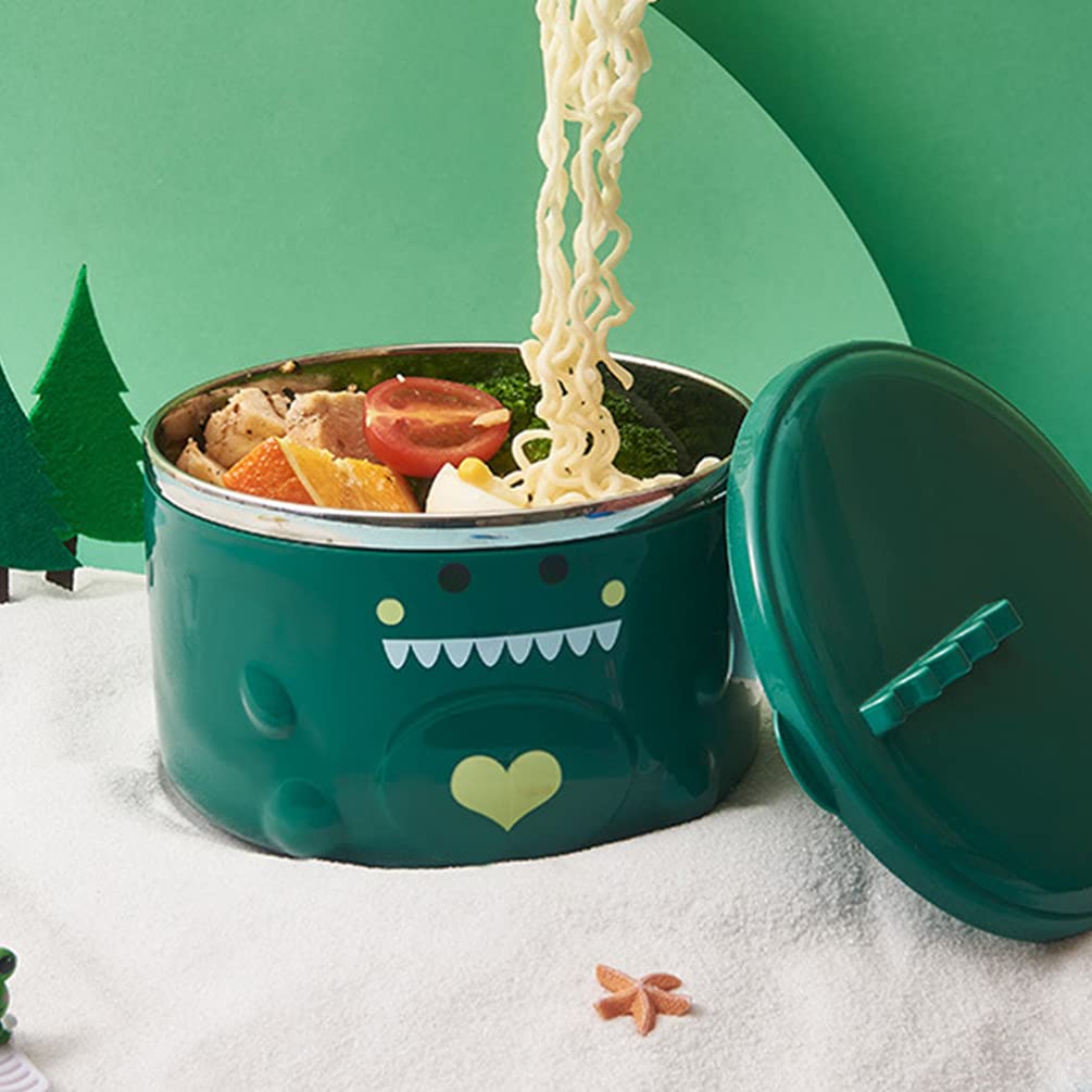 Hemoton Stainless Steel Noodle Bowl with Lid Dinosaur Pattern Soup Bowl Food Storage Container with Handle and Lid Bento Lunch Box Snack Bowl Rice Noodles Salad Green