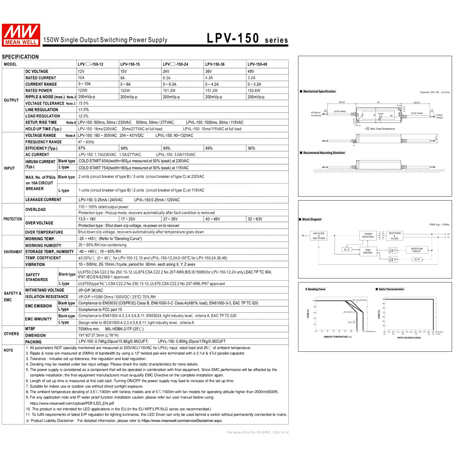 Mean Well LPV-150-15 15V 8A 120W Single Output Switching Power Supply, Universal AC Input, Industrial-Grade, for LED Signage, Automation Systems, Test Instruments