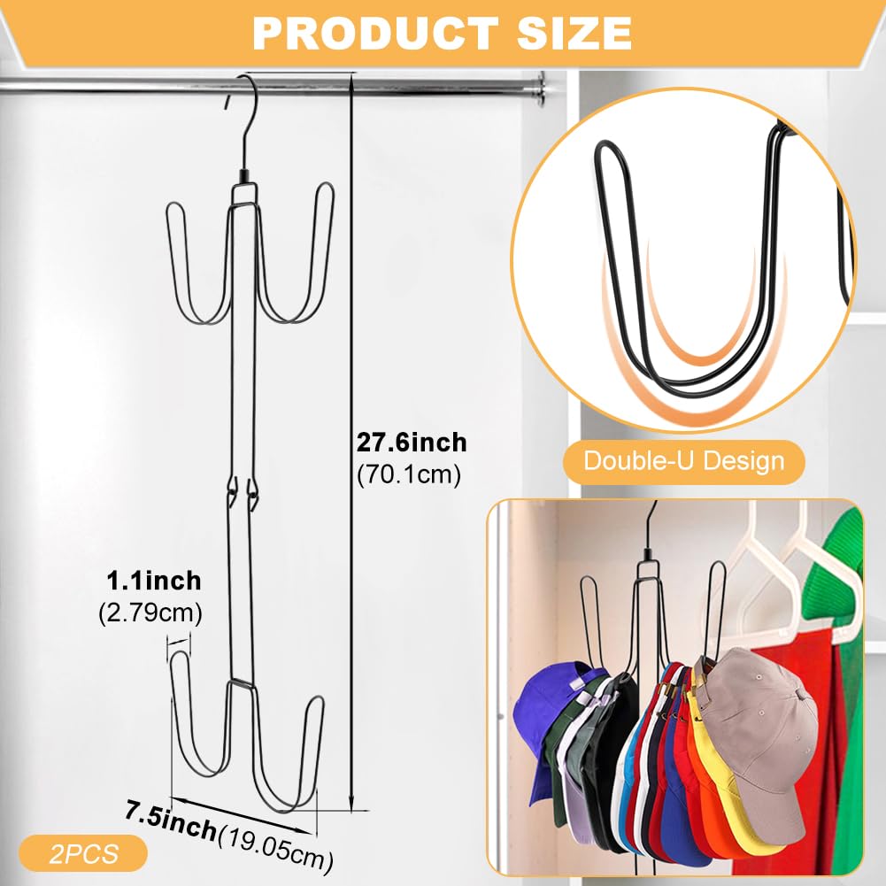 NINEFOX 2 Pack Hat Hanger, Hat Organizer for Baseball Caps, Stainless Steel Hat Rack for Hang, Cap Organizer, Hat Holder Storage for Bedroom, Closet Display