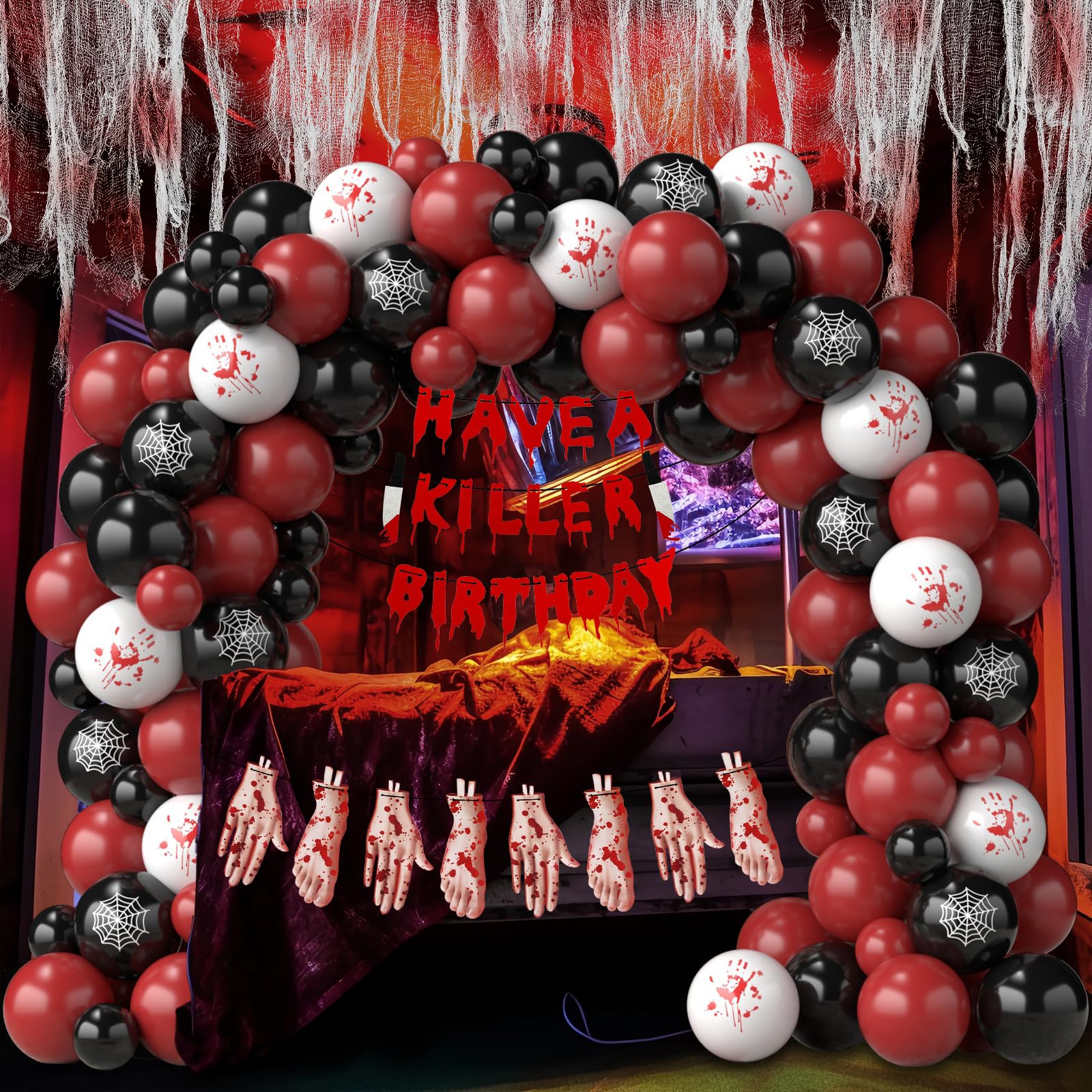 Halloween Balloon Garland with Creepy Cloth & 2 Style Banner - Black Red and Bloody Hand Print White Balloons Different Sizes Balloon Arch Kit for Halloween Scary Birthday Party Decorations Supplies