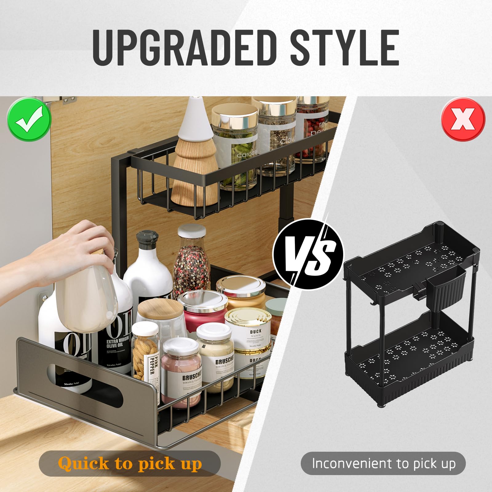 Ktinnead 2 Pack Under Sink Organizer, 2 Tier Metal Pull Out Under Sink Organizers and Storage with Sliding Drawer, Sliding Cabinet Organizer Under Sink Organizer for Kitchen Bathroom Cabinet,Black