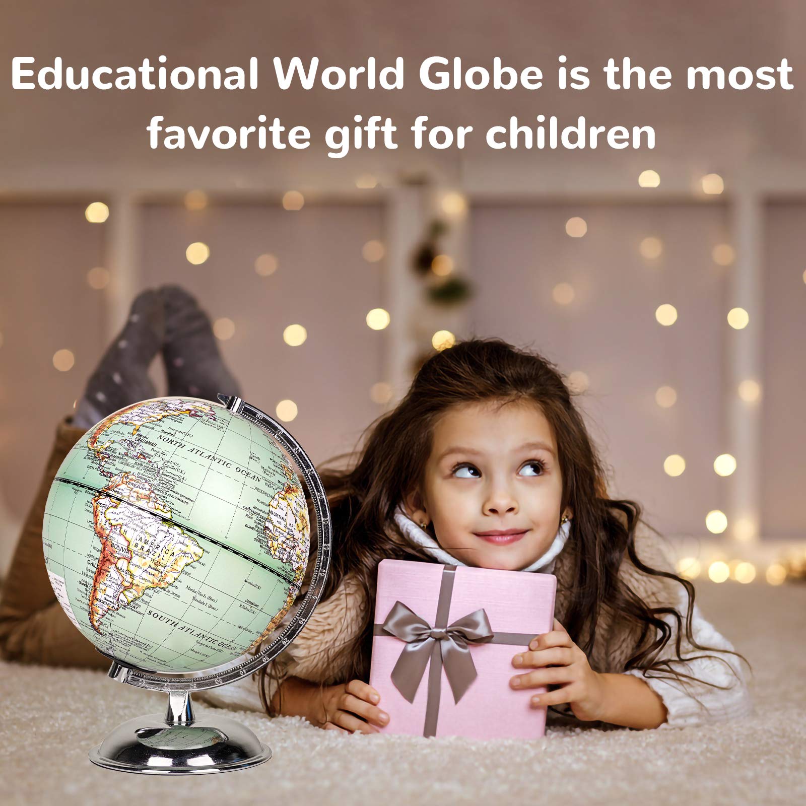 Globe for Kids Learning, 8 Inchs Relief Interactive World Globe Illuminated Night Light Built-in LED Decor Discovery World Educational Toys for Cafe Home and Office Decoration Gift