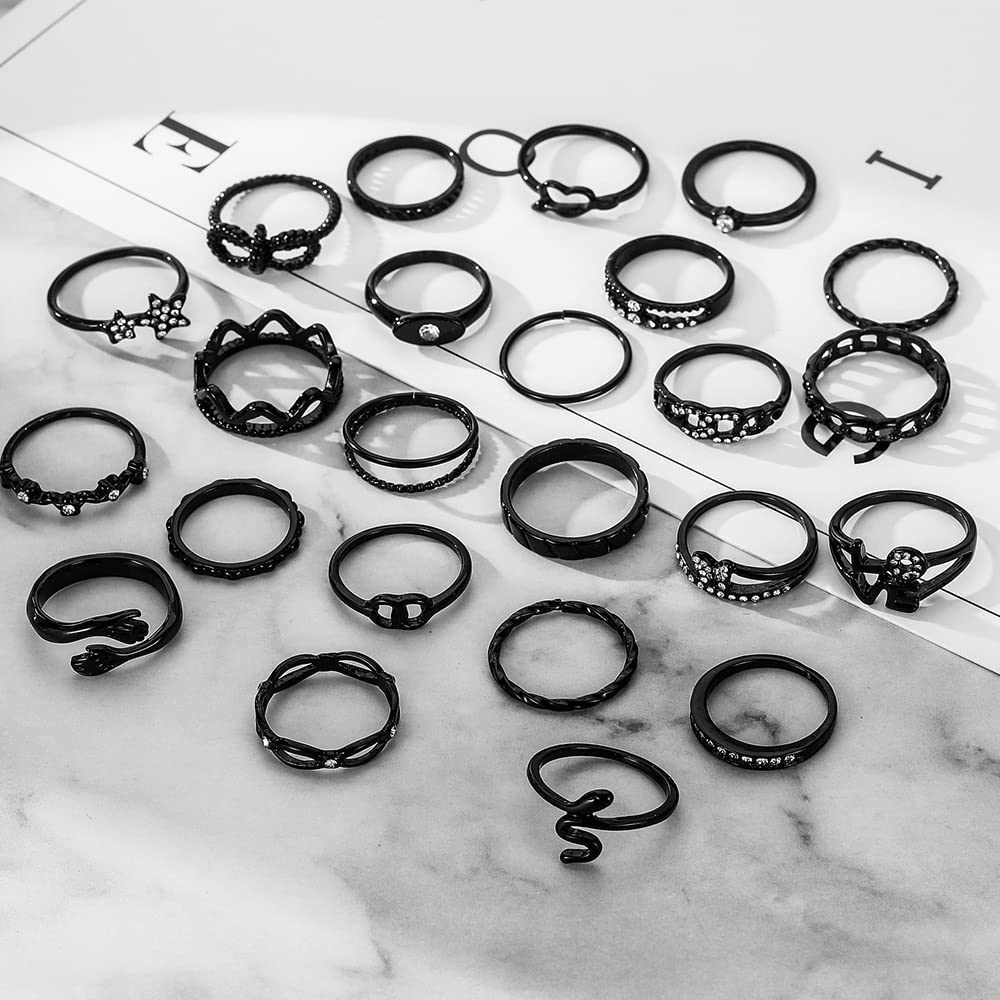 KISS WIFE Gold Knuckle Rings Set for Women, Dainty Simple Trendy Cute Stackable Finger Rings Pack, Stacking Layering on Thumb and Knuckle, Mixed Size (Black)