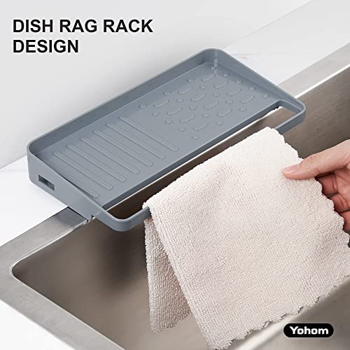 YOHOM Suction Cup Sponge Holder for Kitchen 2-in-1 in Sink Dish Rag Holder for Undermount Sink Plastic Scrubber Sponge Tray Organizer, Installation Size 9.06" L x 3.15" W