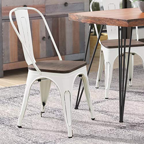 Furniwell Metal Dining Chairs with Wood Seat, Indoor Outdoor Use Stackable Tolix Industrial Metal Chairs Set of 4 for Kitchen, Dining Room, Bistro and Cafe (White)
