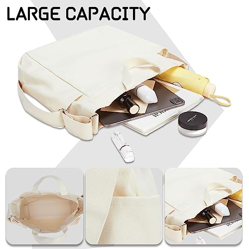 Plusfeel Canvas Tote Bag, Stylish Satchel Bag Lightweight Cotton Cross Body Top Zipper Closure Handbags for Women White
