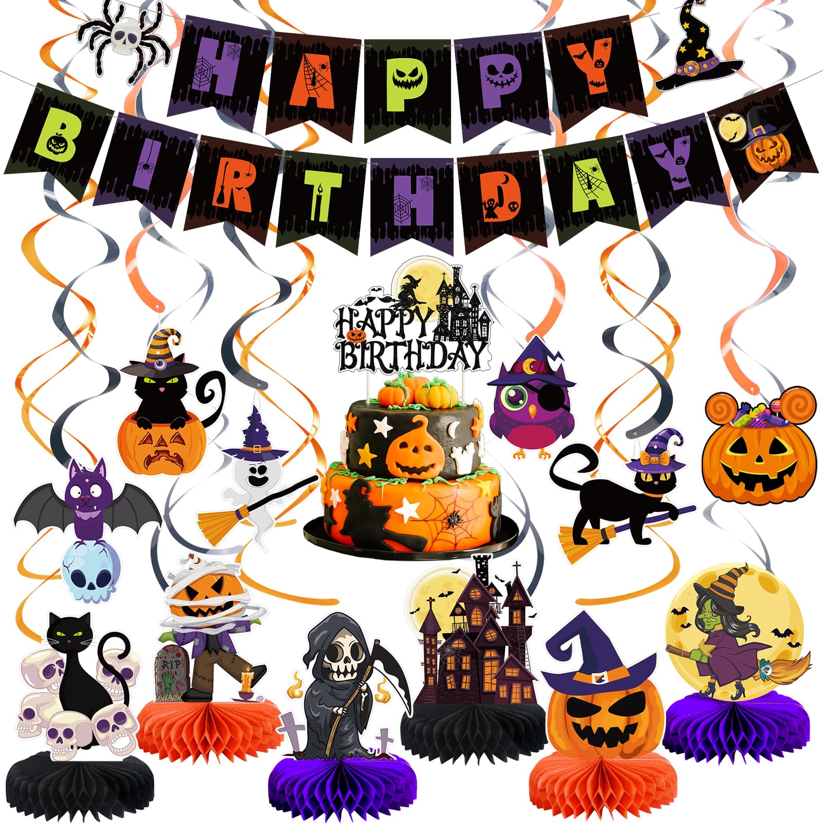 Halloween Birthday Party Decorations Halloween Decorations Banner Indoor, Halloween Honeycomb Table Centerpieces with Hanging Swirls and Cake Topper,Halloween Birthday Decorations for Home(49Pcs)