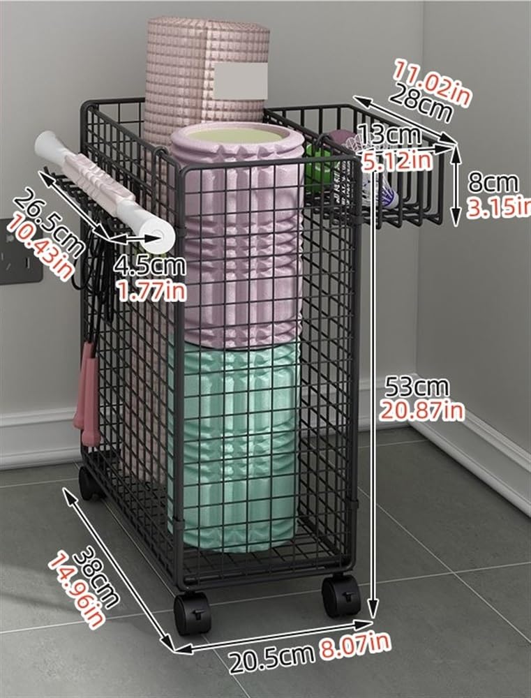 MAGUZA Iron Wire Laundry Hamper, Collapsible Clothes Hamper with Hooks and Baskets, Metal Rolling Laundry Cart for Bathroom (Color : Golden, Size : 38 * 20.5 * 53cm)