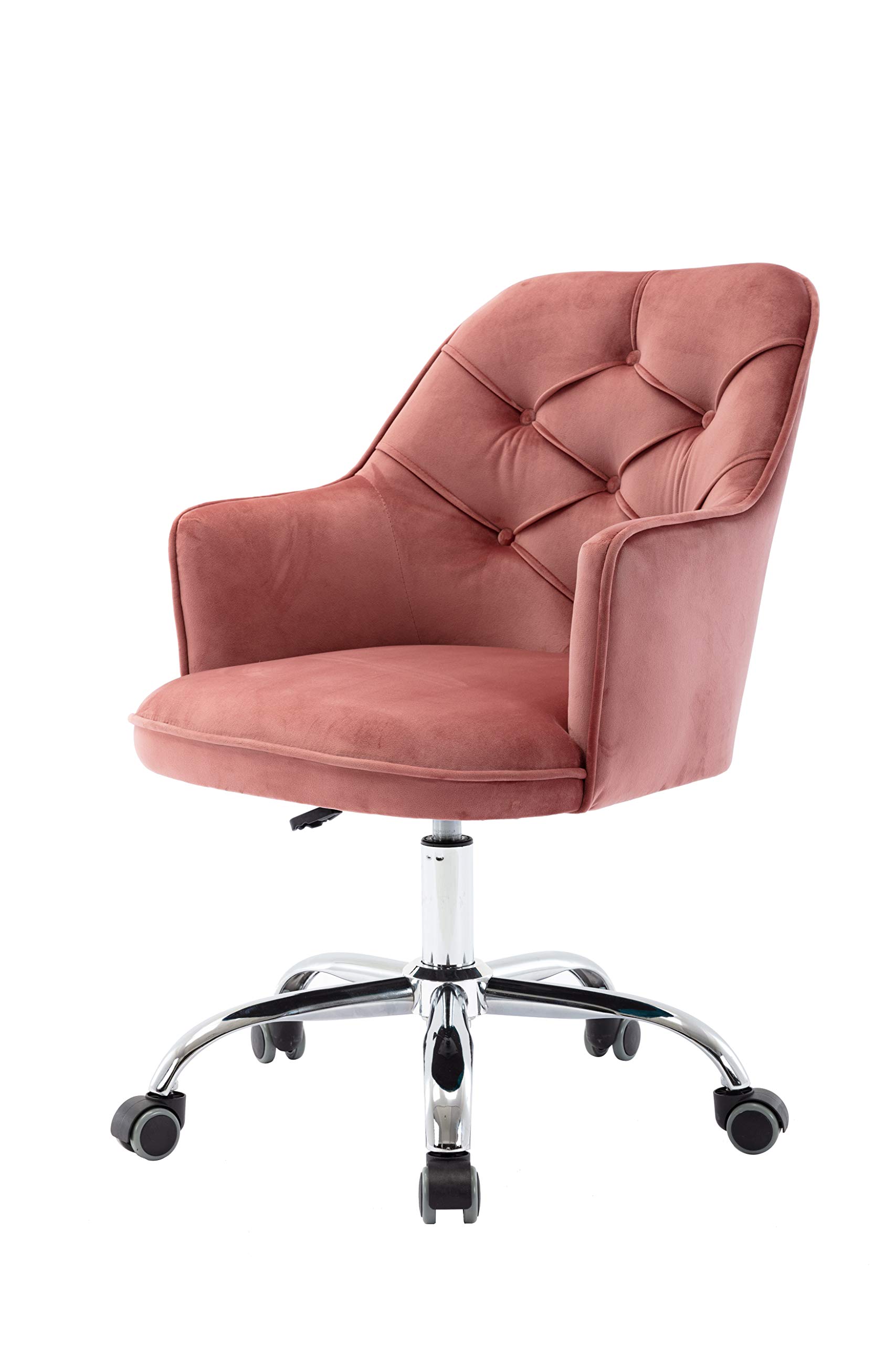 Goujxcy Upholstered Velvet Swivel Chair on Rolling Castors, Adjustable Lift Height Home Office Leisure Armrest Shell Chair with Backrest, Pink