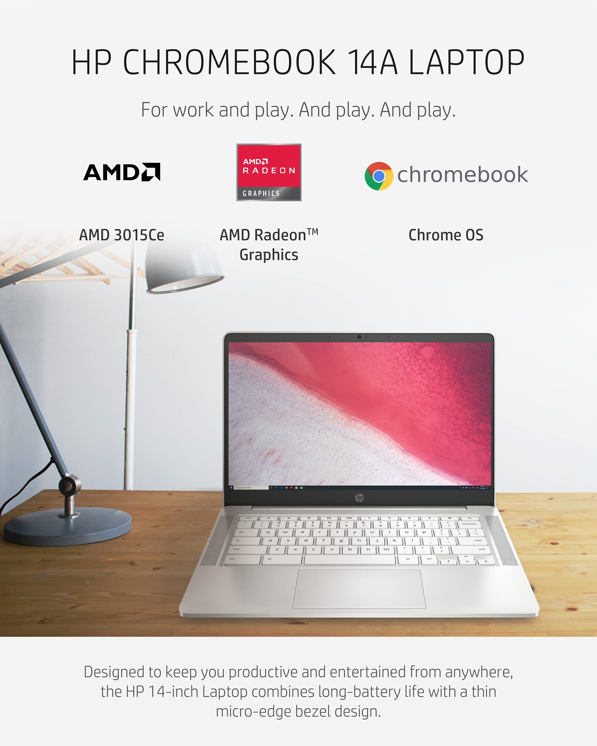HP Chromebook 14-inch HD Laptop AMD 3015Ce 2.3 GHz 4GB DDR4 RAM, 32GB eMMC, AMD Radeon Graphics, USB Type-C, Wi-Fi, Bluetooth, ChromeOS, 14a-nd0030nr Forest Teal (Renewed)