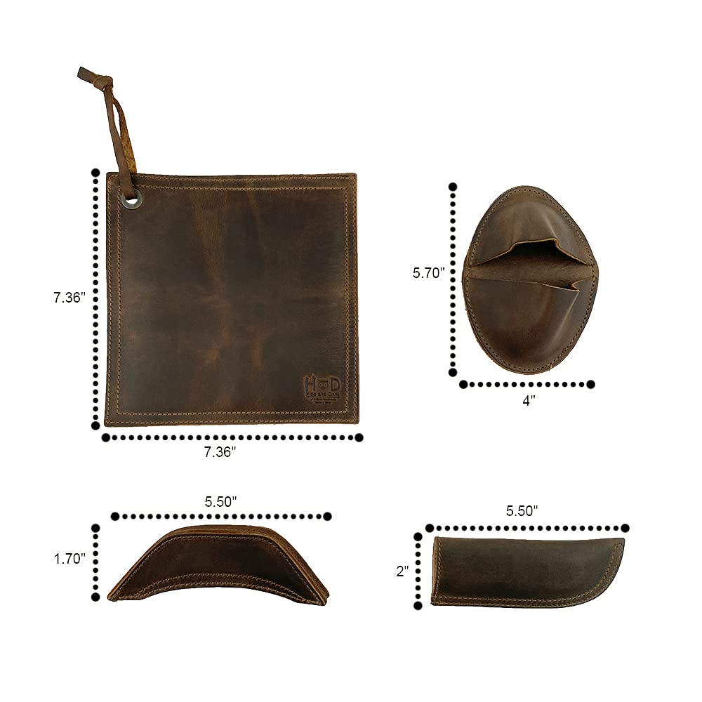 Hide & Drink, Set of 4 Hot Handle Holders, Panhandle, Side Kick, Grip Mitt & Square Pot Holder for Cast Iron Skillets & Pans, Full Grain Leather, Handmade, Bourbon Brown