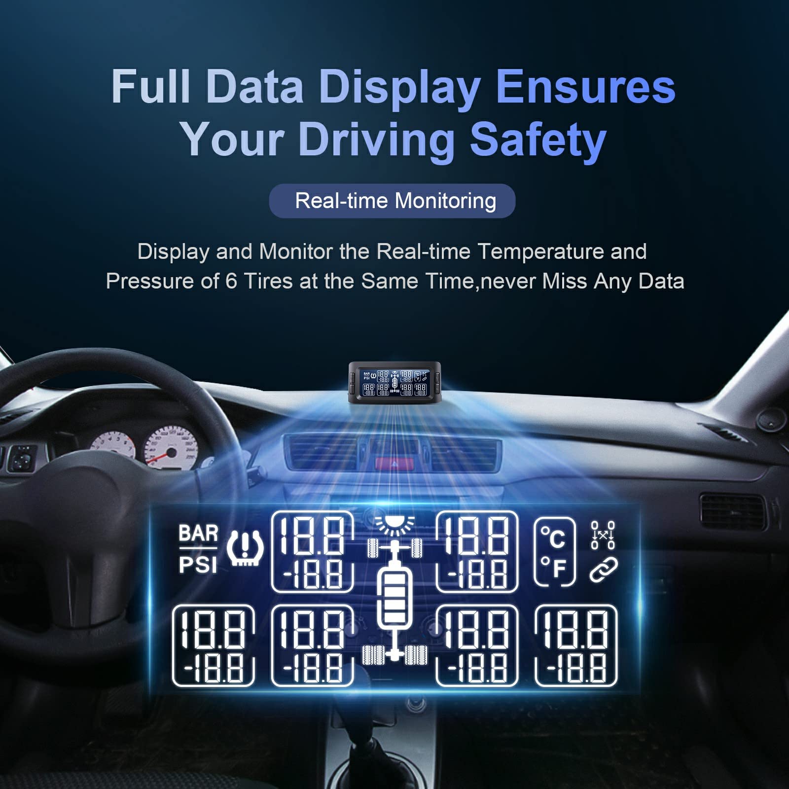 Easesuper Rv Tire Pressure Monitoring System, Large Screen Rv TPMS with 6 Flow Thru Sensors(0-199PSI) & Repeater,7 Alert Modes & Real Time Display Pressure&Tempereture, Auto Sleep,for Trailer,Truck