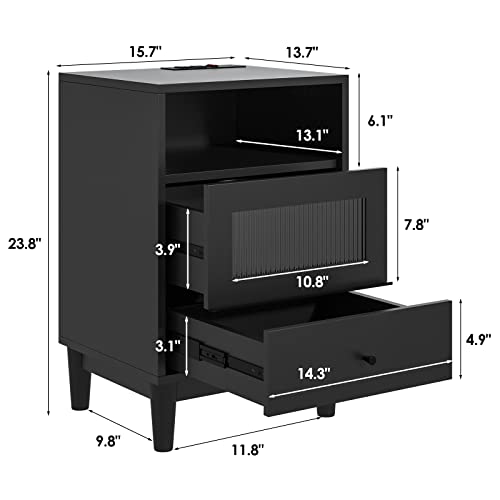 Saudism Black Nightstand with Charging Station, End Table with Glass Drawers, Night Stand with LED Lights, Wood Bedside Tables for Bedroom, 15.7”×13.7”×23.8”
