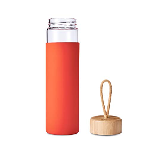 Yomious 20 Oz Borosilicate Glass Water Bottle with Bamboo Lid and Silicone Sleeve β Reusable BPA Free β Glass Drinking Bottle with Lids - Cute Glass Bottle for Women - Glass Shaker Bottle