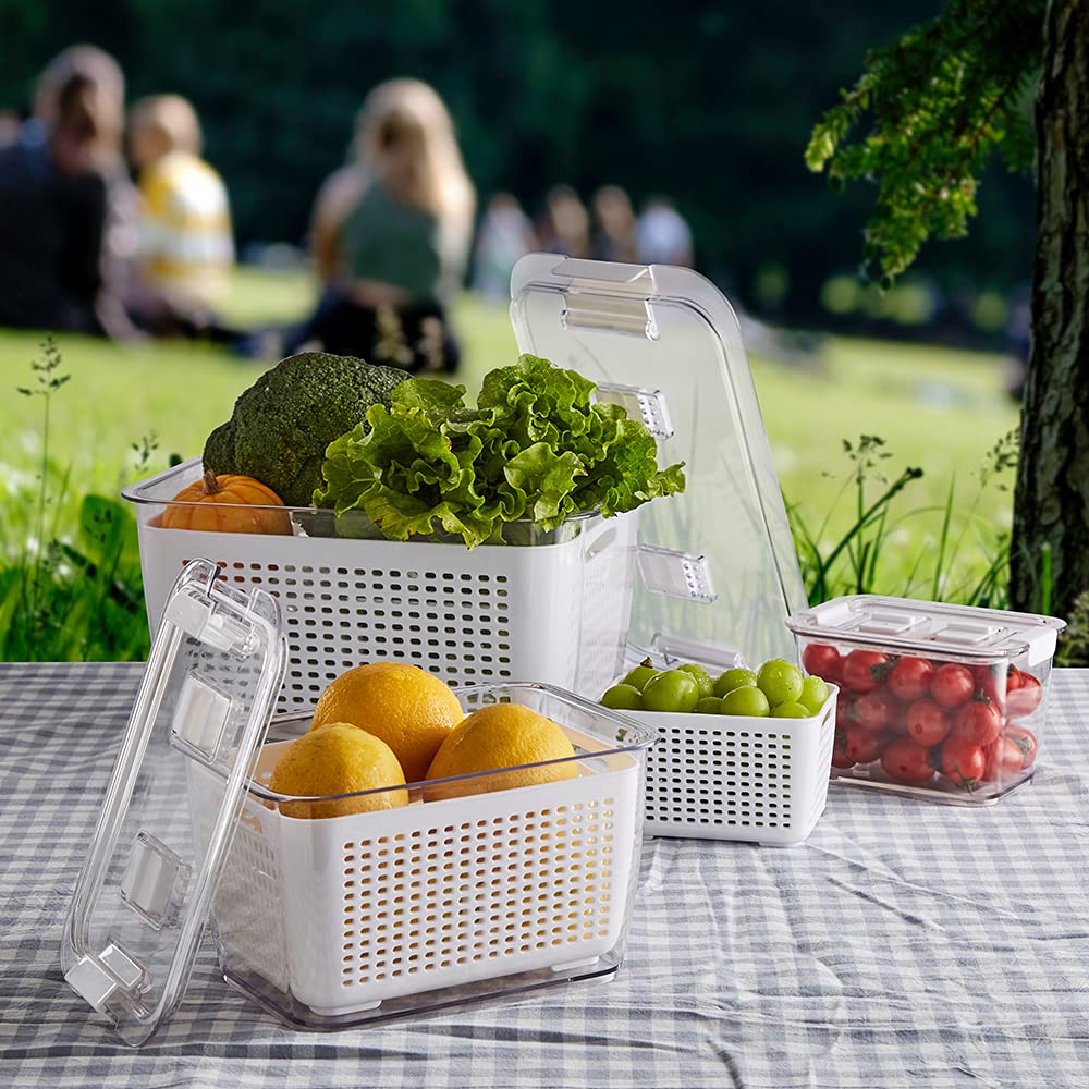 HIEEY 6pack-Drain basket 6-Piece Fruit Storage Containers for Fridge with Strainer,Produce Containers for Fridge,Lettuce Keeper,White (Not Dishwasher Safe) | BPA-Free