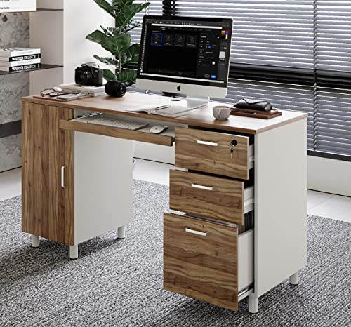 Modern Design By Crafts & comfort Venice Computer Desk - Office Desk with 3 Drawers & CPU Storage Cabinet - Laptop Workstation with Keyboard Tray & Cable Hole - Home & Office Supplies -Cass/White
